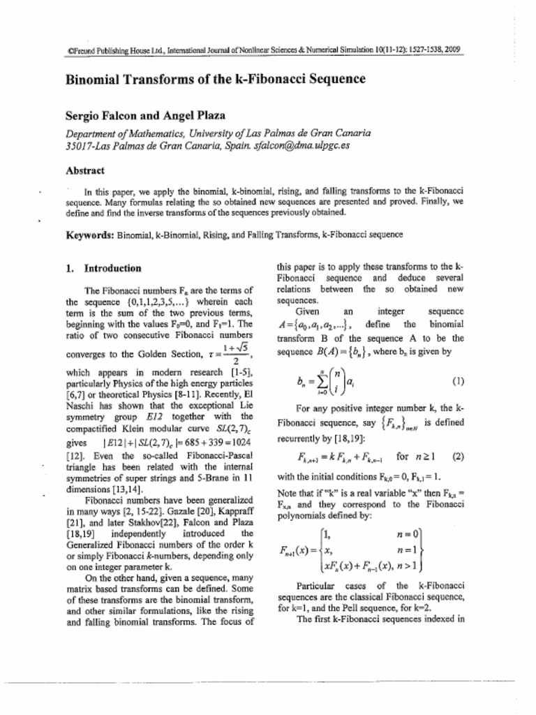 Falcon, Plaza - Binomial Tranform of K Fibonacci | PDF
