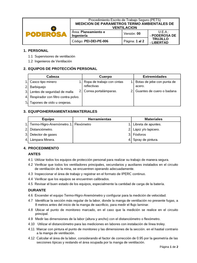 PEI-DEI-PE-006 MEDICION DE PARAMETROS TERMO AMBIENTALES DE VENTILACION | PDF | Ventilación ...