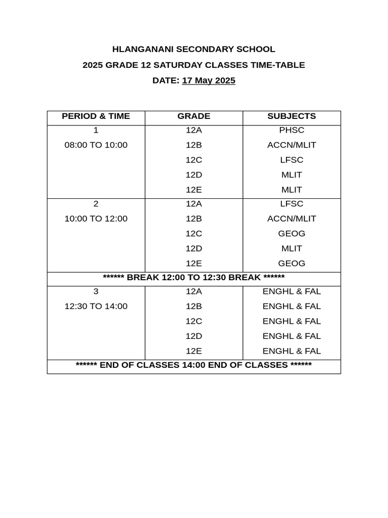 HSS 2025 GR12 Saturday Classes 17052025 | PDF