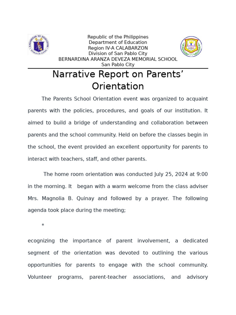 Narrative Report On Parent's Orientation | PDF | Communication | Social ...