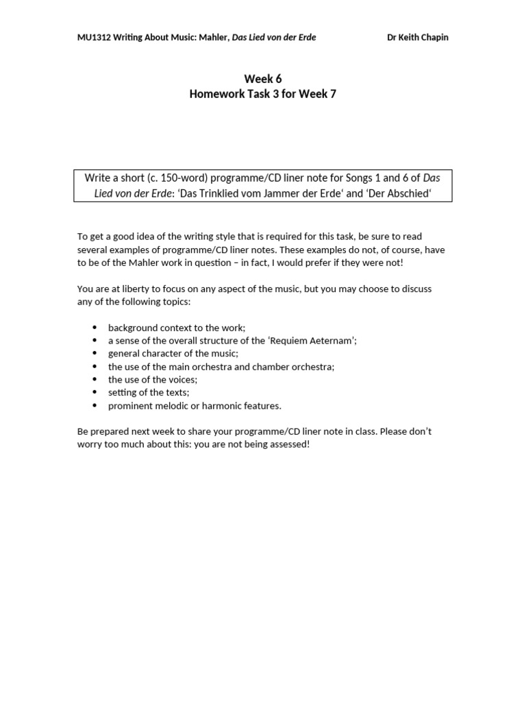 Homework Task 3 For Week 7 (Programme Note) - Mahler | PDF