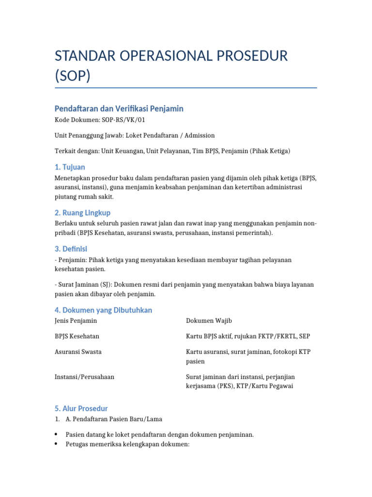 SOP Pendaftaran Verifikasi Penjamin RS | PDF