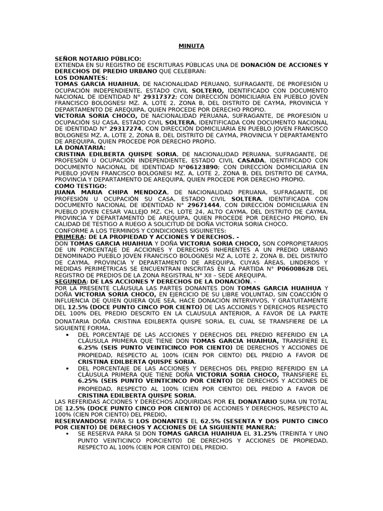 MINUTA DONACION DE TOMAS GARCIA Y VICTORIA SORIA (1) Fin | PDF | Donación