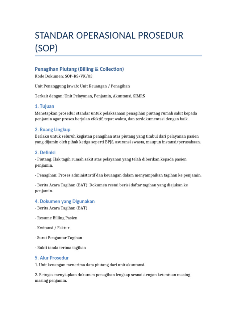 SOP - Penagihan - Piutang - RS | PDF