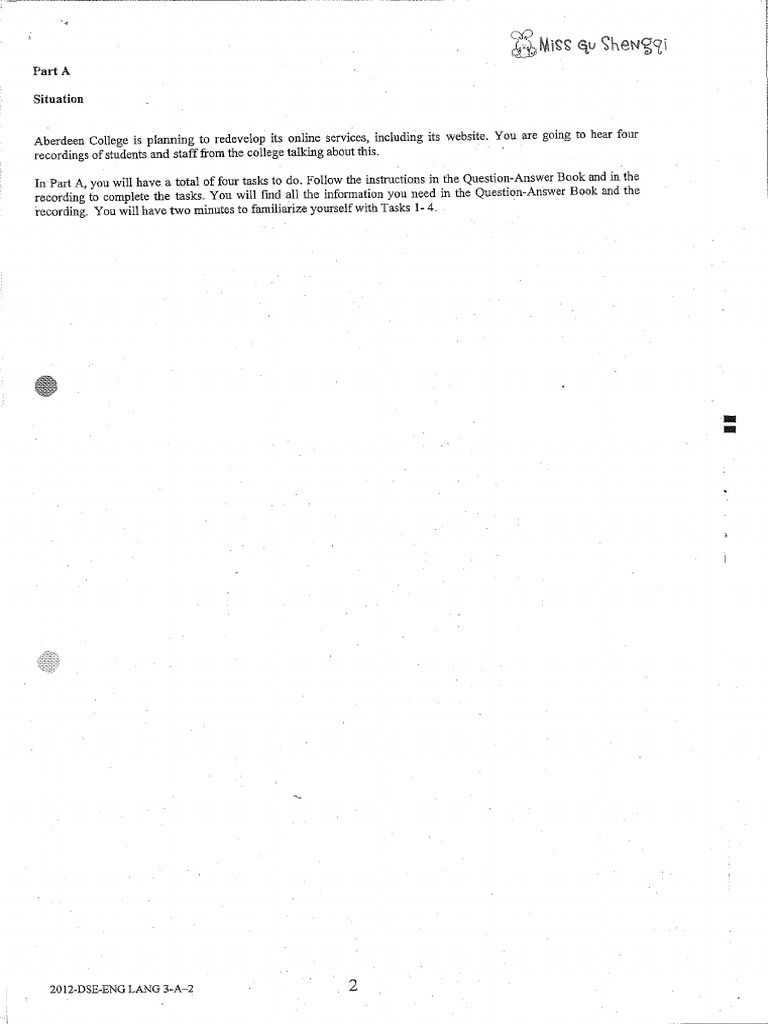 2012 DSE Paper 3 Part A Answer Key | PDF