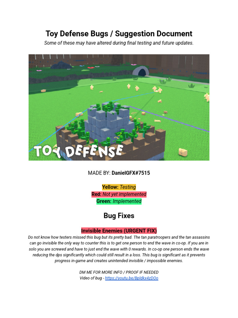 Toy Defense Bugs _ Suggestion Document | PDF