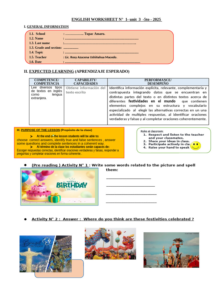 WORKSHEET # 1 - UNIT 3 - READING WORLD FESTIVITIES - Azucena | PDF ...