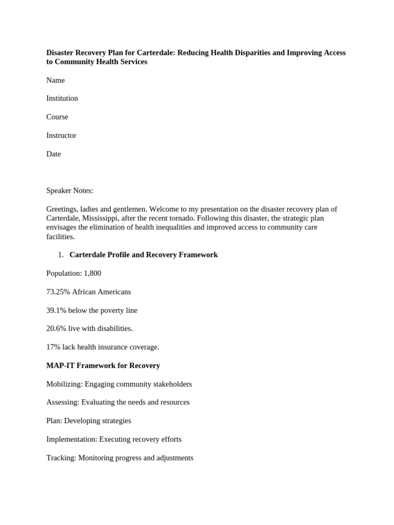Disaster Recovery Plan For Carterdale | PDF | Health Equity | Poverty