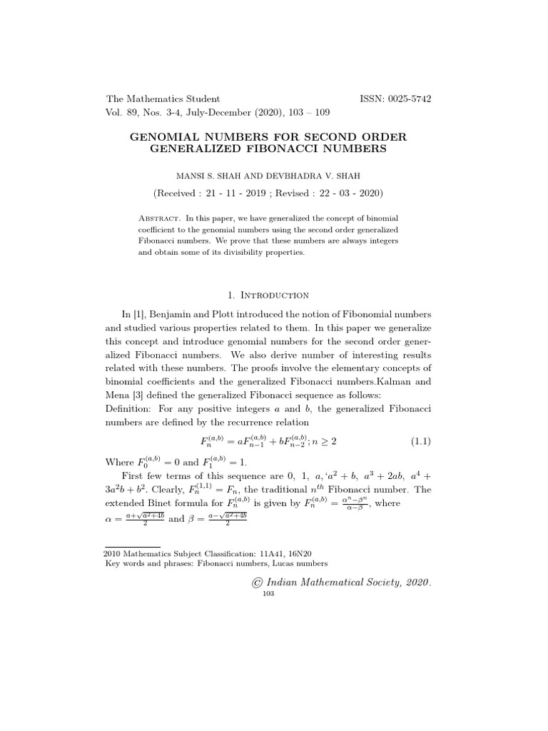 Shah, Shah - Genomial Numbers For 2nd Order Fibonacci Numbers | PDF | Mathematical Objects | Algebra