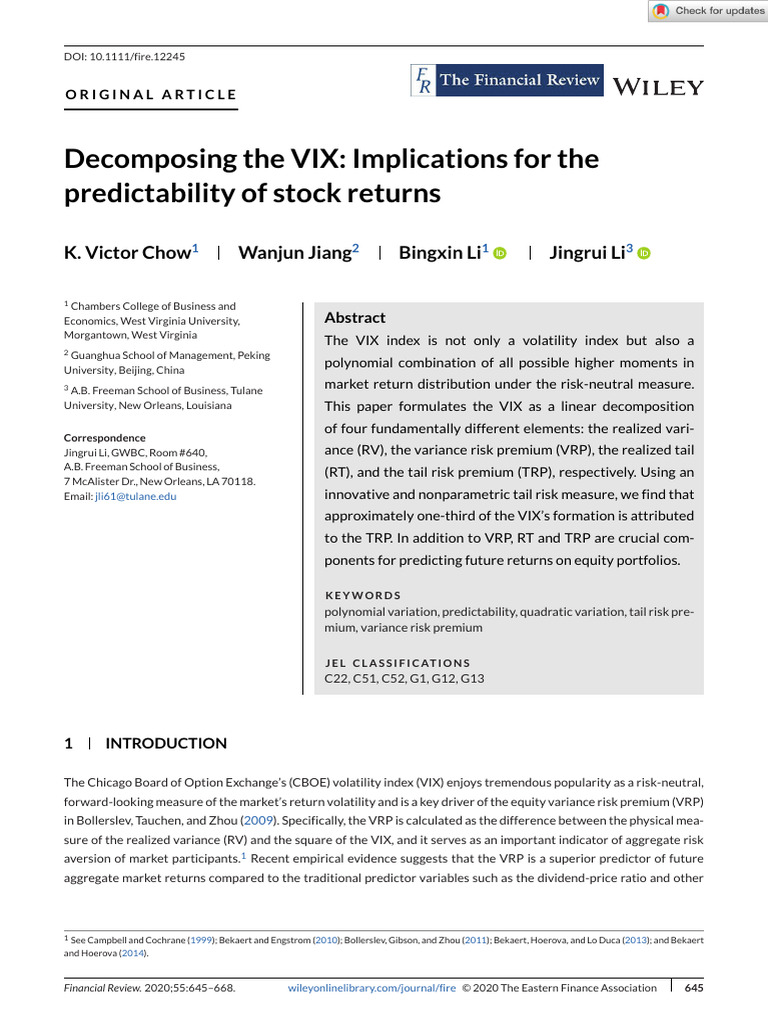 Chow Et Al., FR2020, Decomposing The VIX Implications For The Predictability of Stock Returns ...