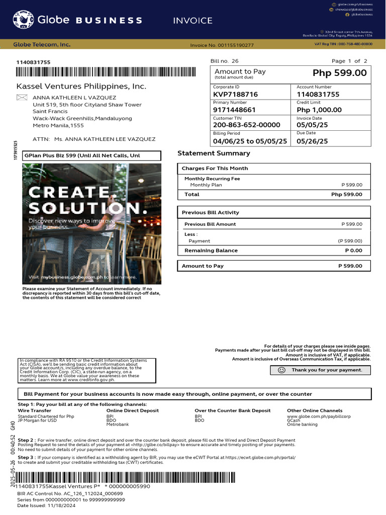 Globe Bill 09171448661 | PDF | Value Added Tax | Payments