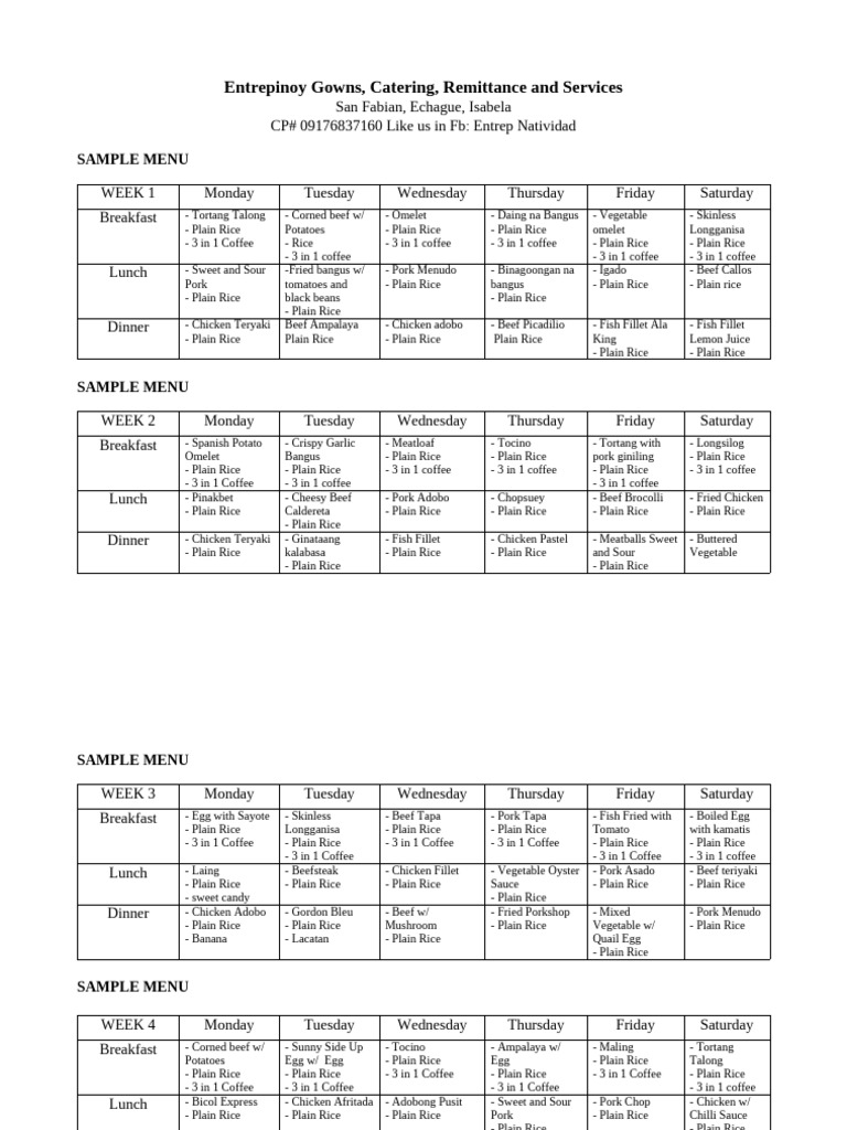 Entrepinoy Catering Services Sample Menu PA | PDF | Lunch | Cuisine