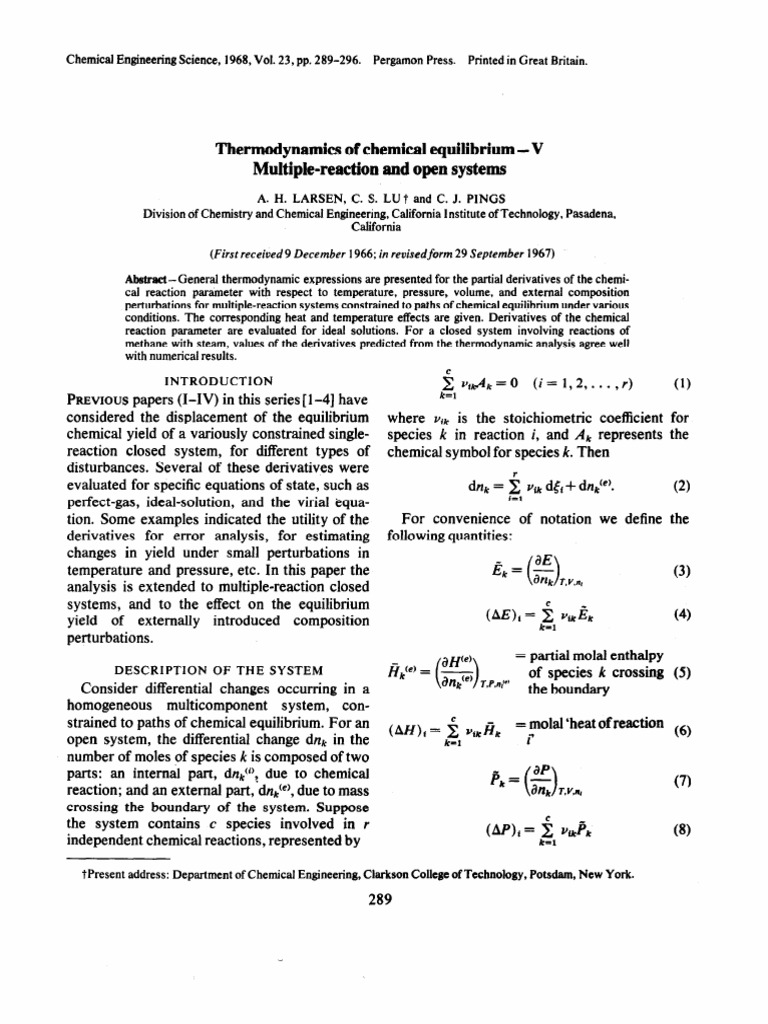 Thermodynamics of Chemical Equilibrium - V Multiple-Reaction and Open Systems | PDF | Chemical ...
