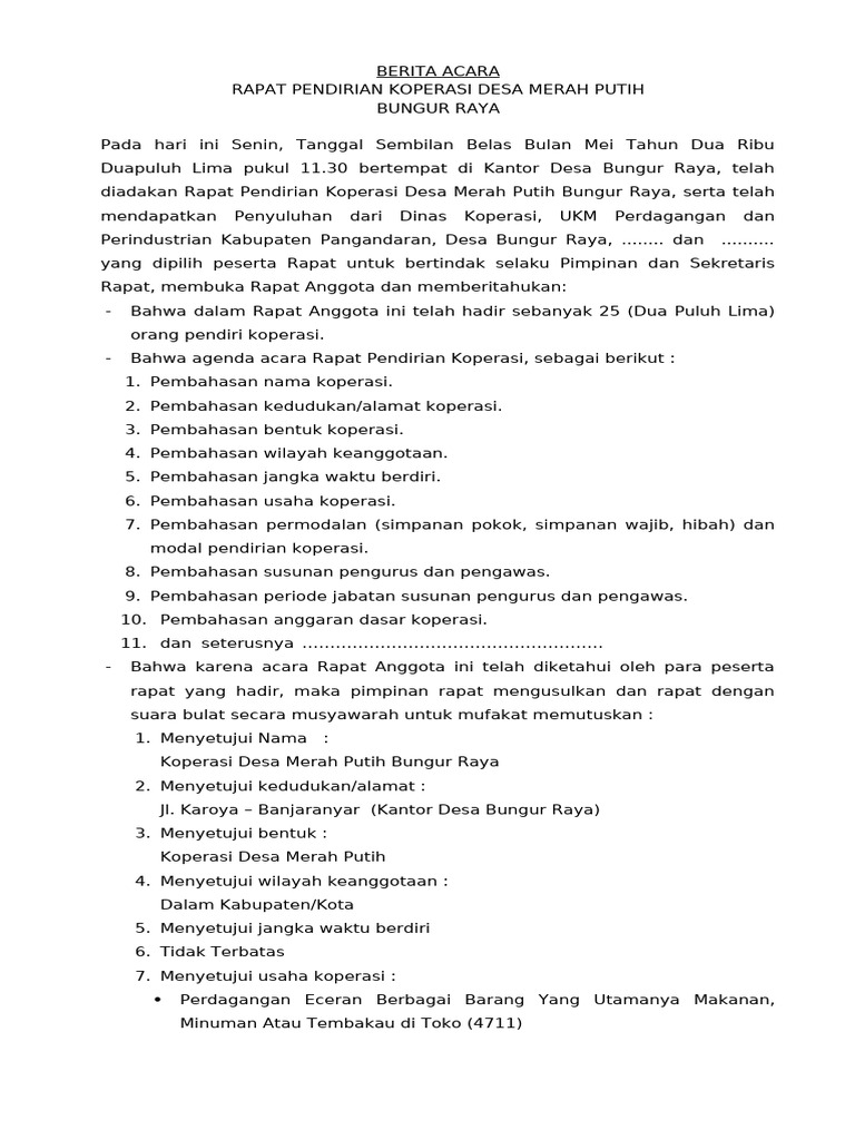 Berita Acara Dan Susunan Pengurus Koperasi Merah Putih | PDF