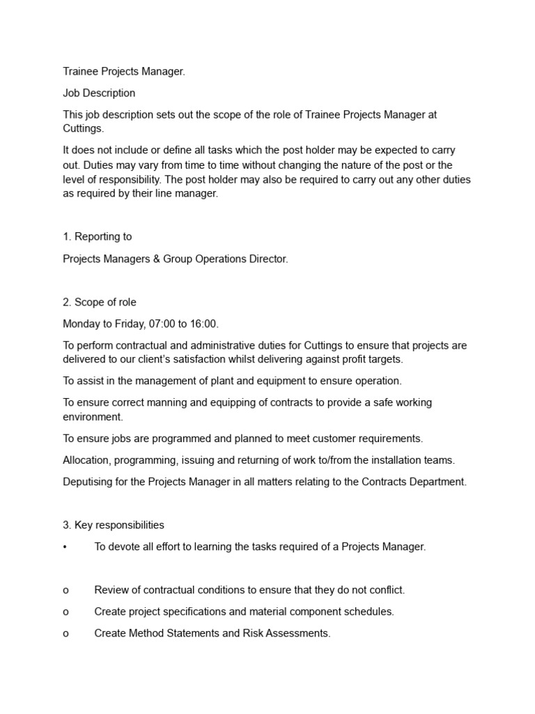 Trainee Projects Manager Job Overview | PDF | Experience | Cognition