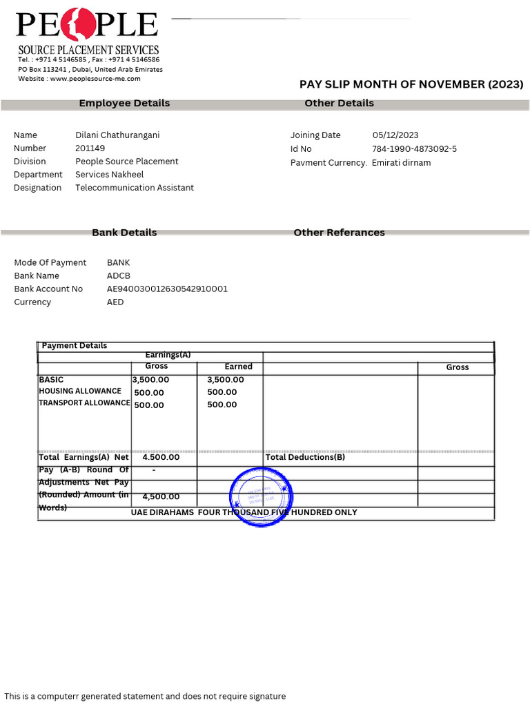 Monthly Pay Slip Summary 2023-2024 | PDF | United Arab Emirates | Money