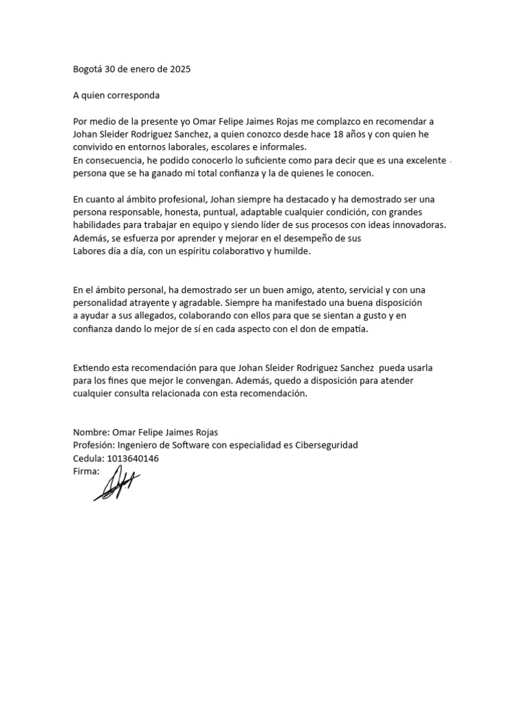 Recomendación Profesional para Johan Sleider | PDF