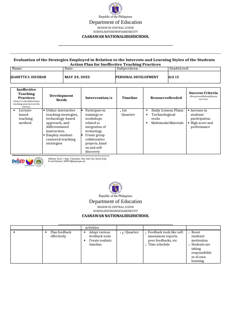 ESCOBAR - JEANETTE S.-Action-Plan | PDF | Lesson Plan | Pedagogy