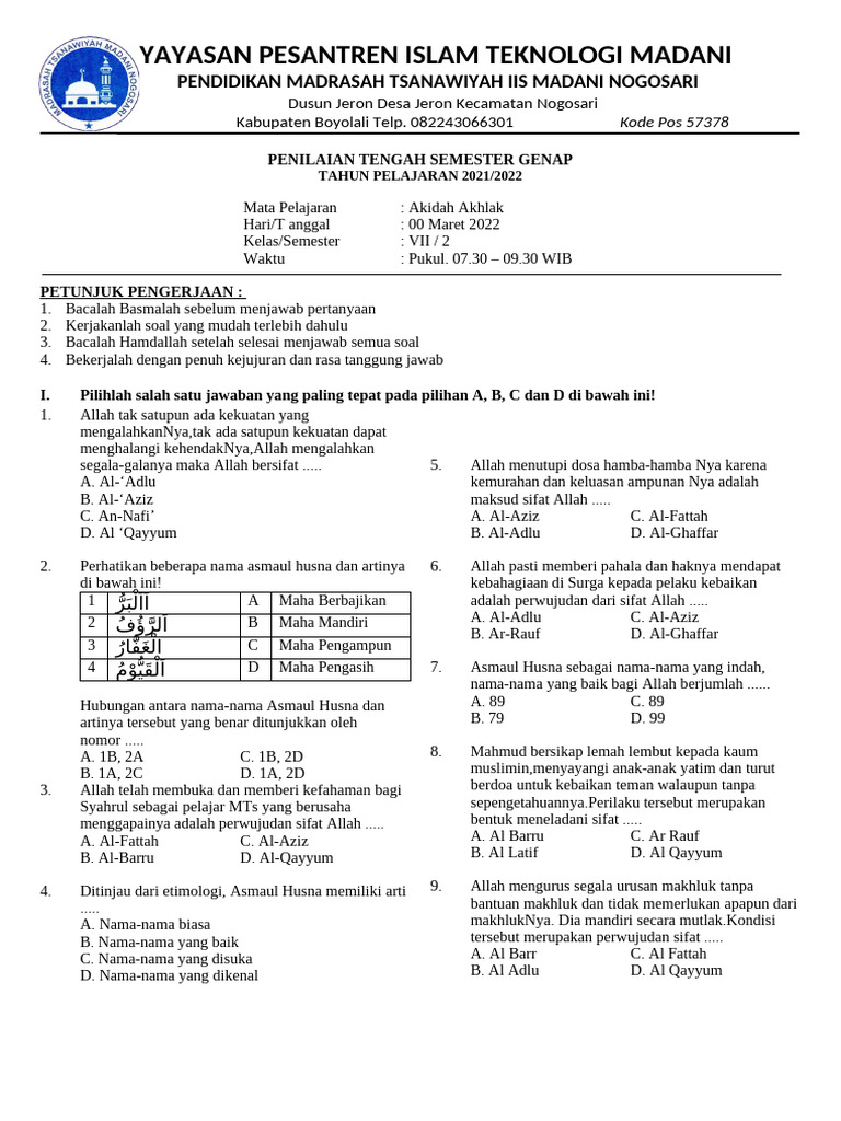 PTS II Akidah Akhlak VII | PDF