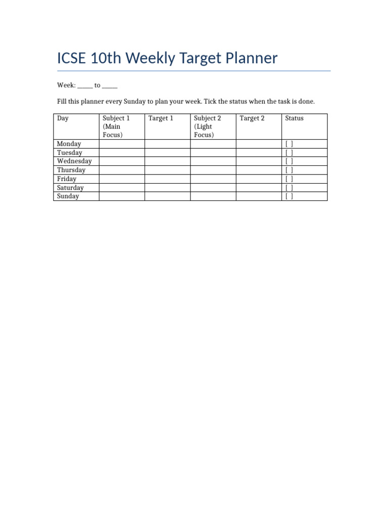 ICSE 10th Weekly Target Planner | PDF