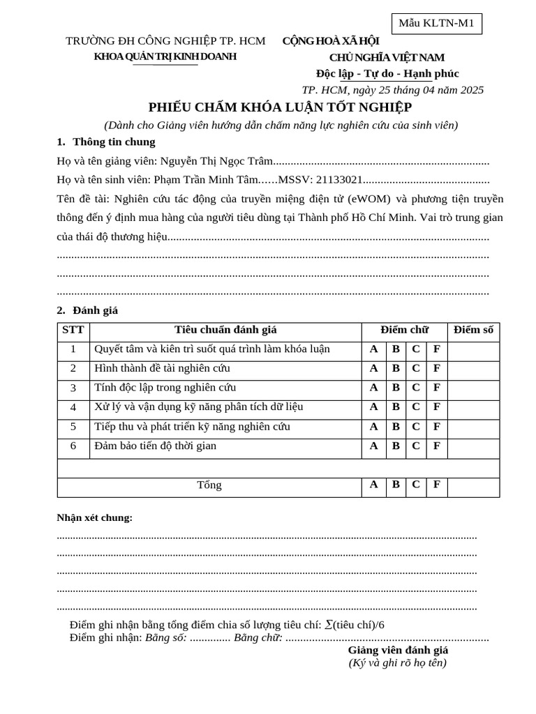 PhieuCham KLTN M1 | PDF