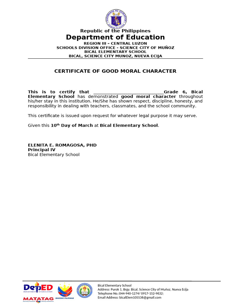 Certificate of Good Moral Character | PDF | Behavior Modification | Learning