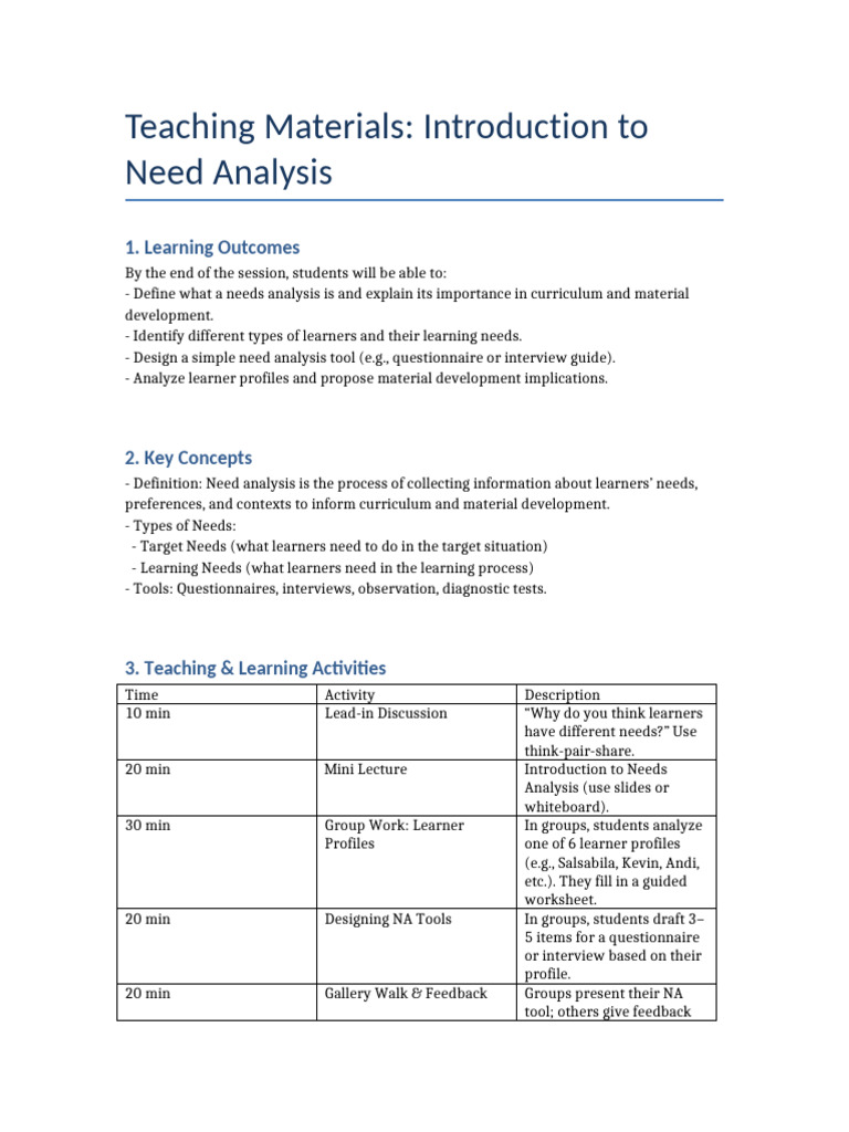 Teaching Materials Need Analysis | PDF | Learning | Curriculum