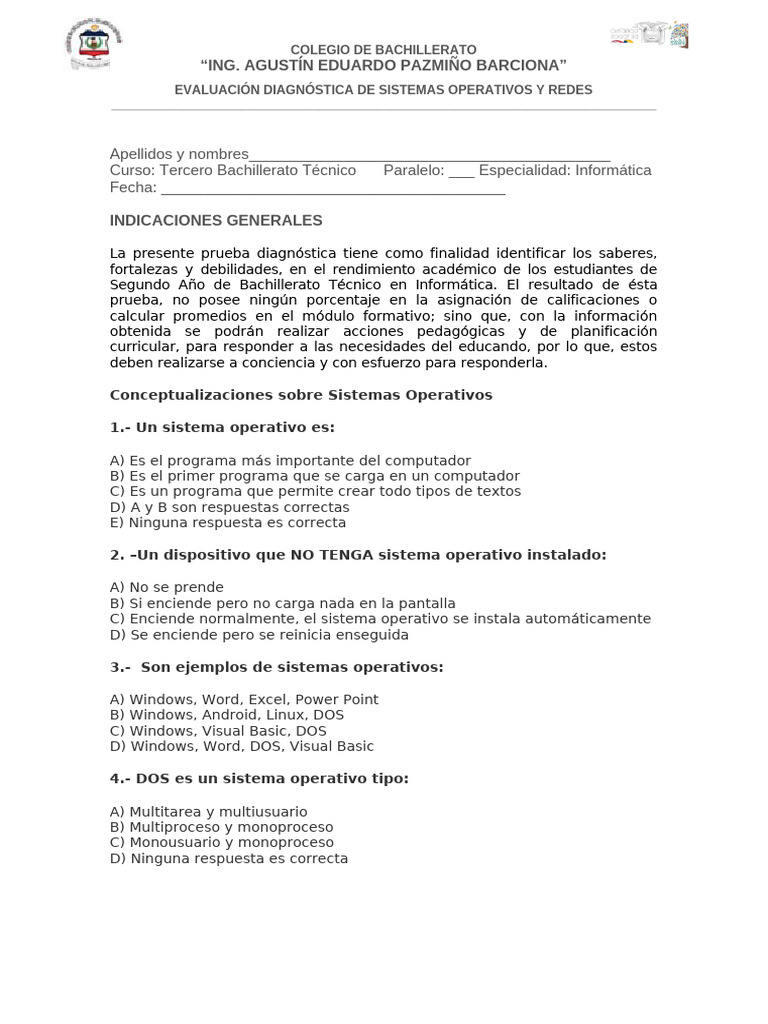 Evaluacion Diagnostica Sistemas Operativos Tercero Tecnico | PDF | Sistema operativo | Microsoft ...
