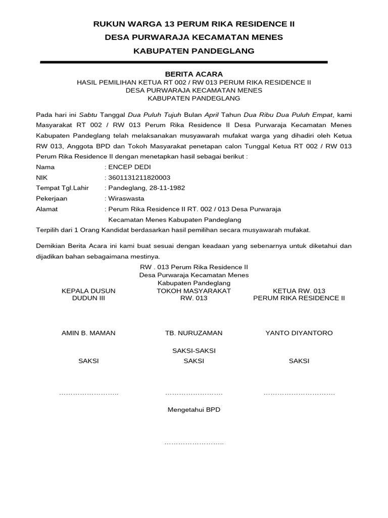 BERITA ACARA PEMILIHAN RT Mufakat Kop RW PERUM | PDF