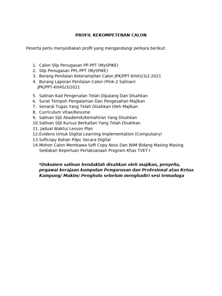 Senarai Semak Profil Kekompetenan Calon | PDF
