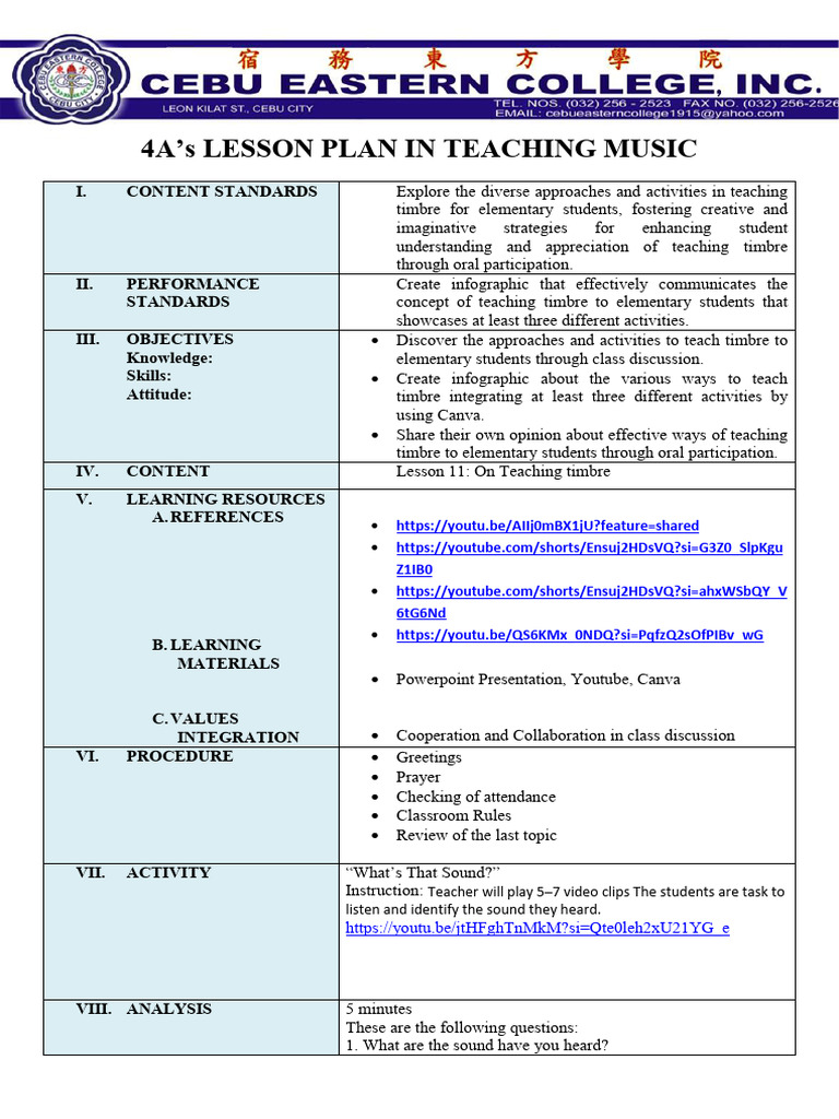 Teaching Timbre: Music Lesson Plan | PDF | Singing | Human Voice