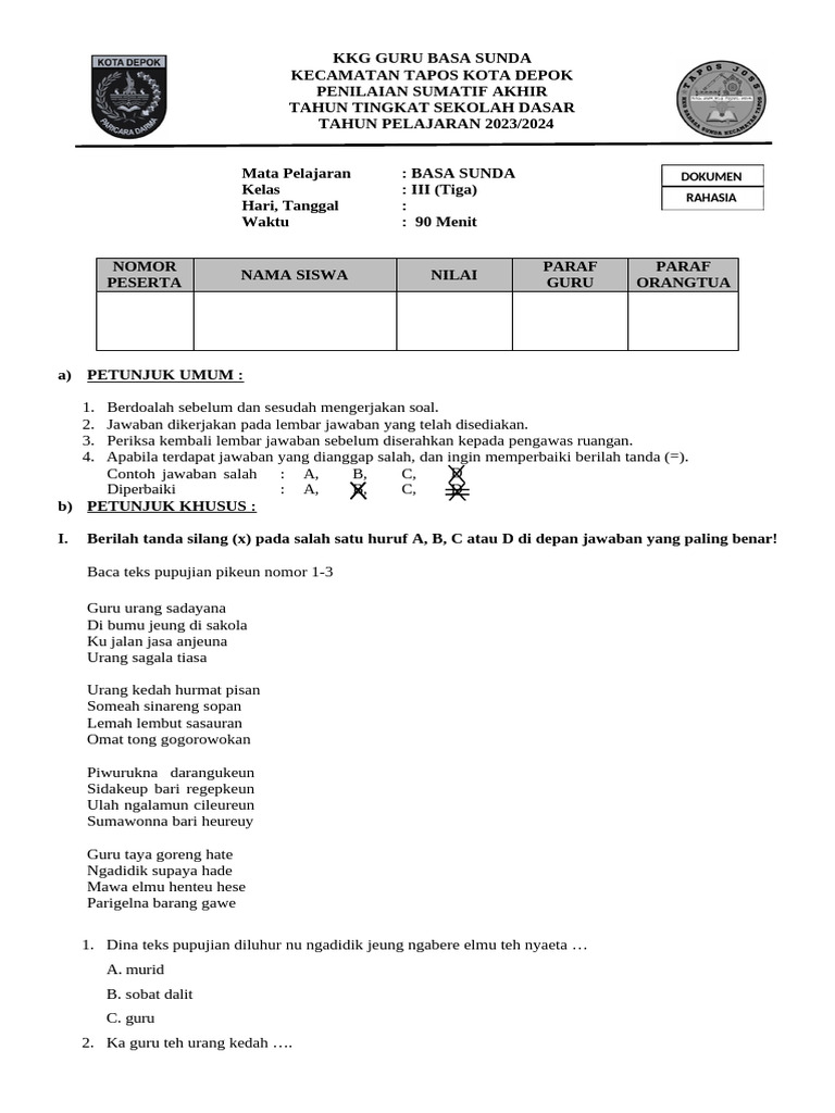 SOAL - Kelas 3 - PSAT - 2024-2025 | PDF