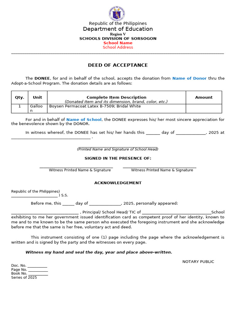 Deed of Acceptance for School Donation | PDF | Applications Of ...