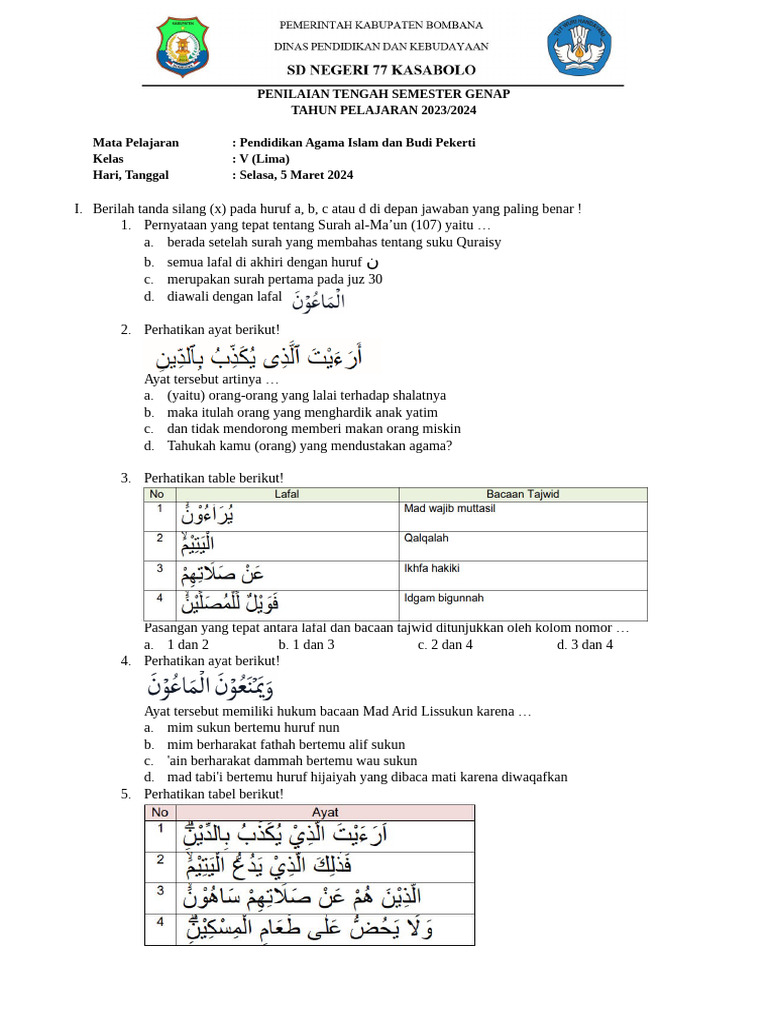 Soal Pts 2 Pai Kelas 5 | PDF