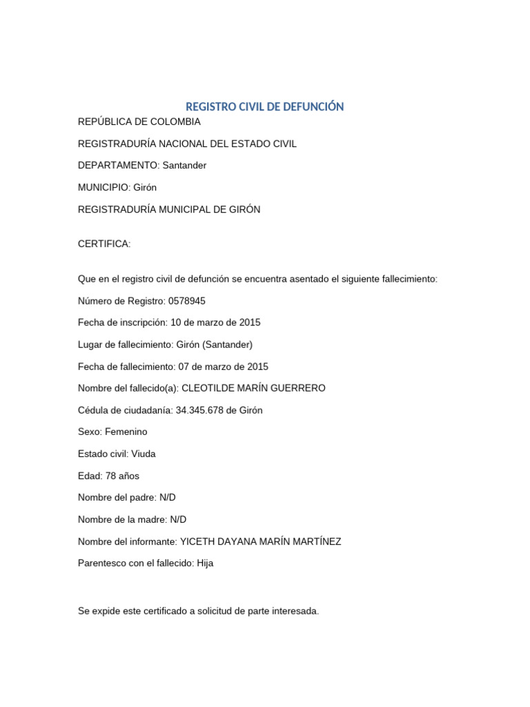 Certificado Defuncion Cleotilde Marin Guerrero | PDF