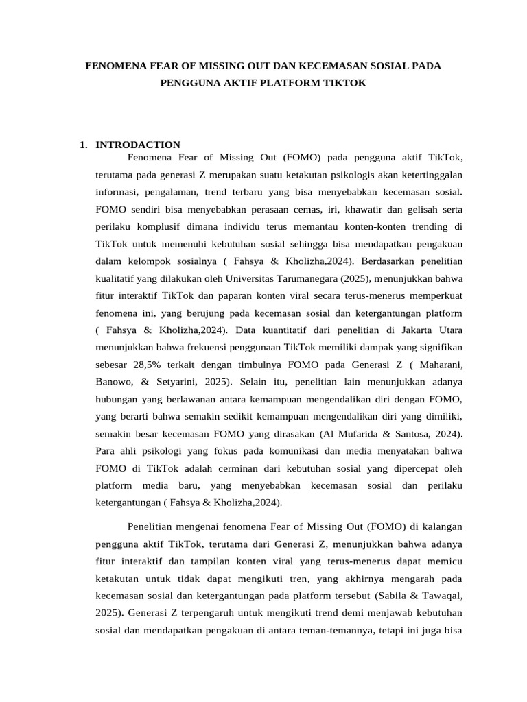 Fenomena Fear of Missing Out Dan Kecemasan Sosial Pada Pengguna Aktif Platform Tiktok-1 | PDF