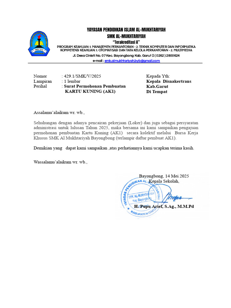 Surat permohonan Kartu Kuning | PDF