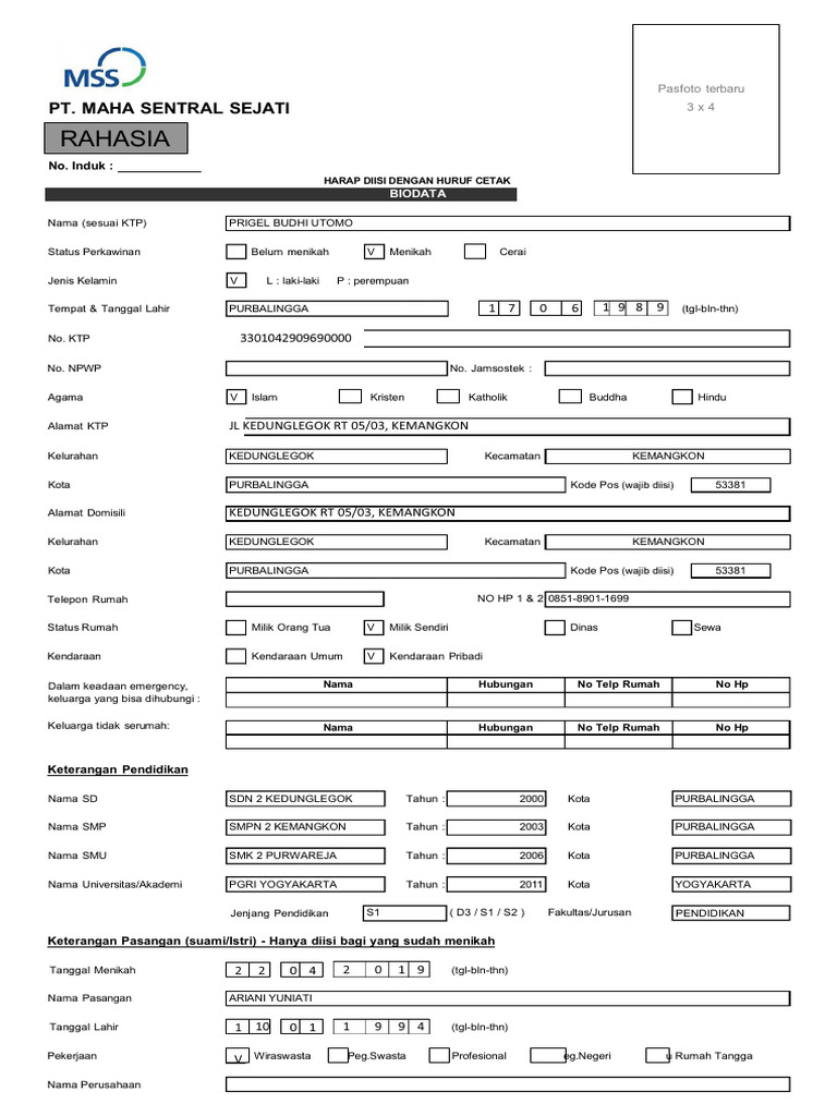Form Biodata Sales PT MSS | PDF