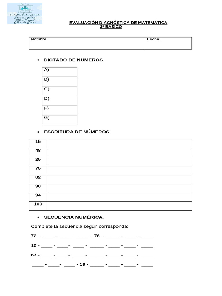 Evaluación Diagnóstica Matemática 3º Básico | PDF