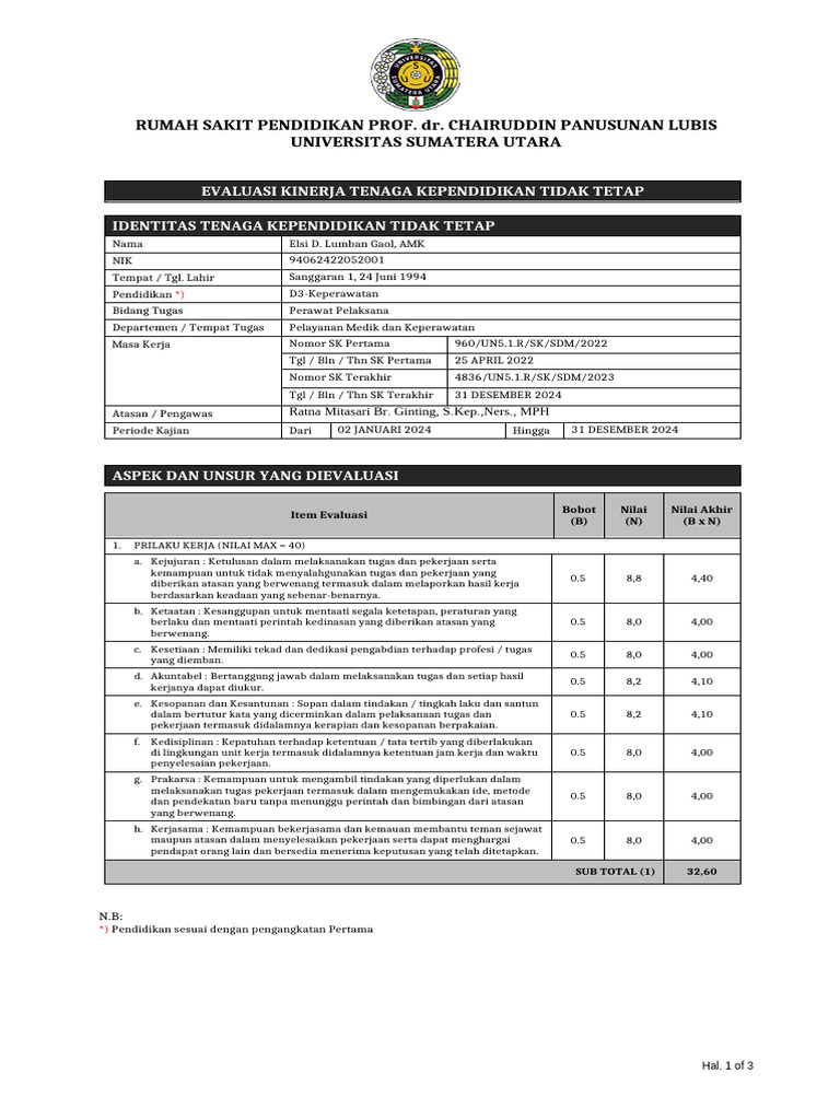Evaluasi Kinerja Elsi 2024 USU | PDF