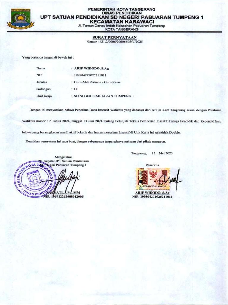 Surat Pernyataan - Arif Widodo | PDF