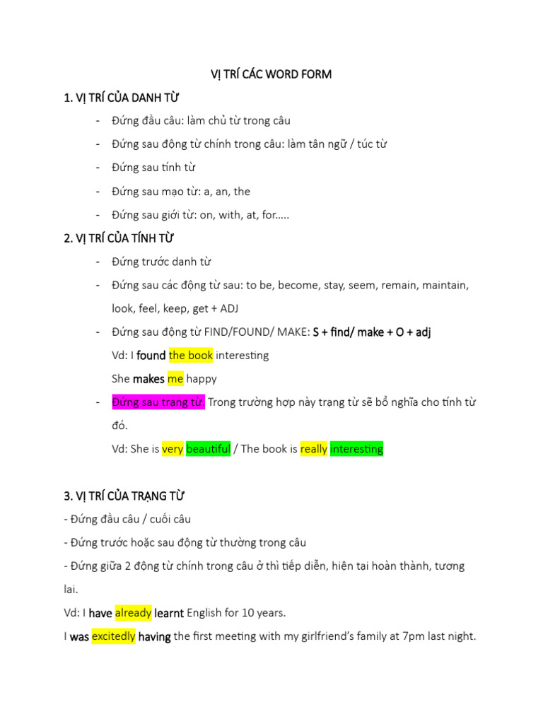 Vị Trí Các Word Form | PDF