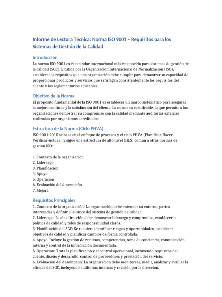 Informe ISO 9001 | PDF | Calidad (comercial) | Sistema de manejo de calidad