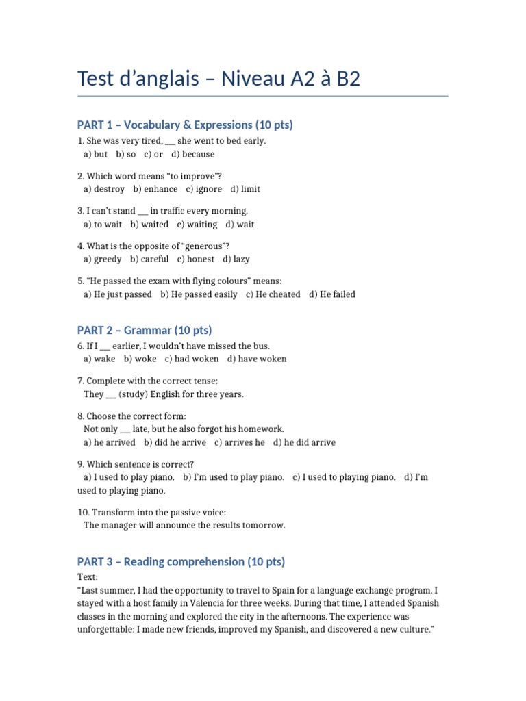 Test A2 B2 Anglais | PDF