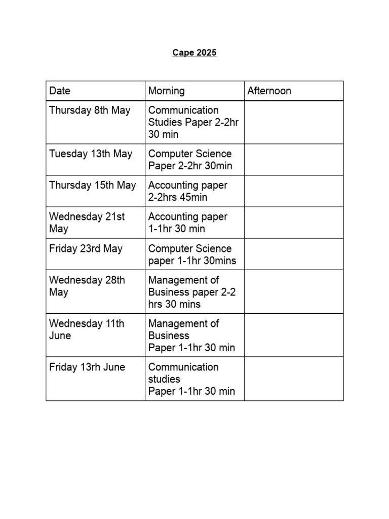 Cape Unit 1 Timetable | PDF