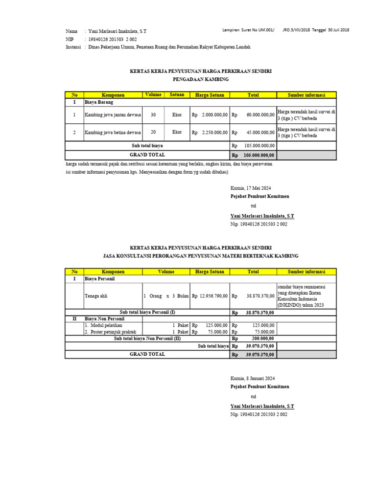 Yani Marlasari.I. - Lampiran 4 - Form Harga Perkiraan Sendiri (HPS) Pengadaan Kambing Dan ...