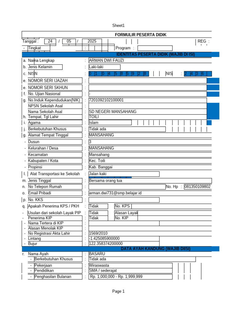 Formulir Peserta Didik ARMAN DWI FAUZI - SMP NEGERI 4 TOILI 2025-05-24 08 - 12 - 58 | PDF