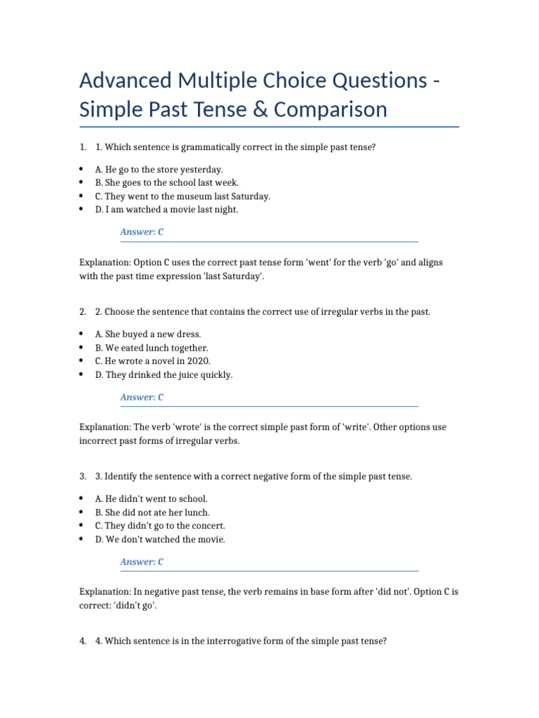 Simple Past Comparison Advanced | PDF | Grammatical Tense | Verb