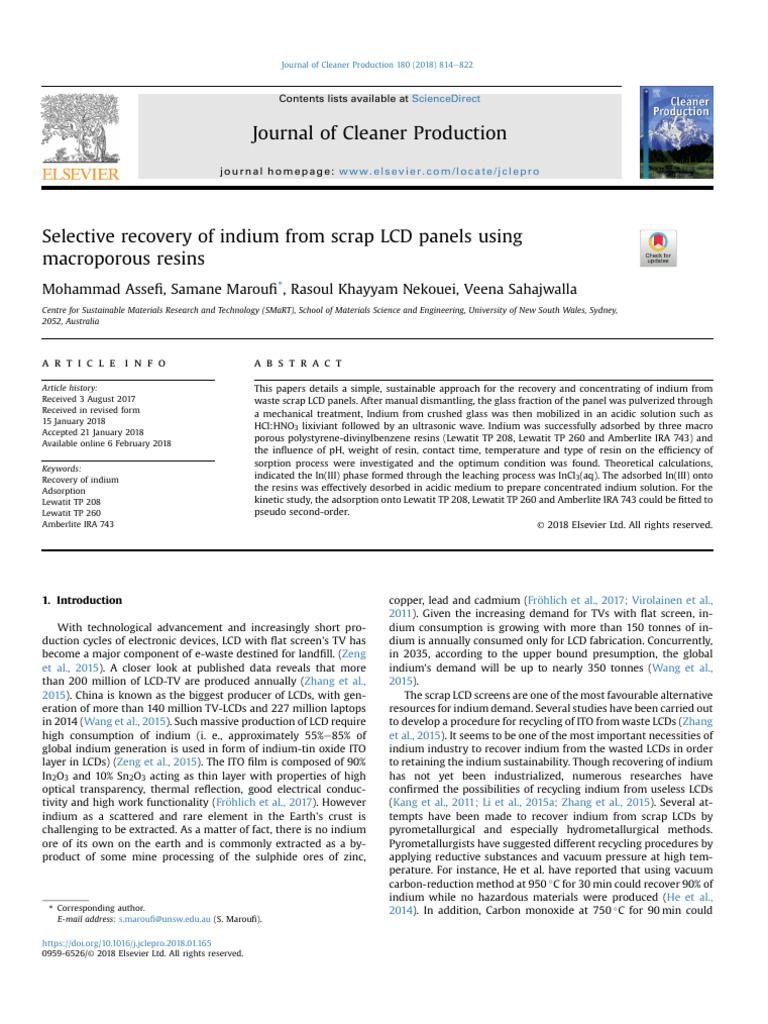25 - Selective Recovery of Indium From Scrap LCD Panels Using | PDF | Adsorption | Ph