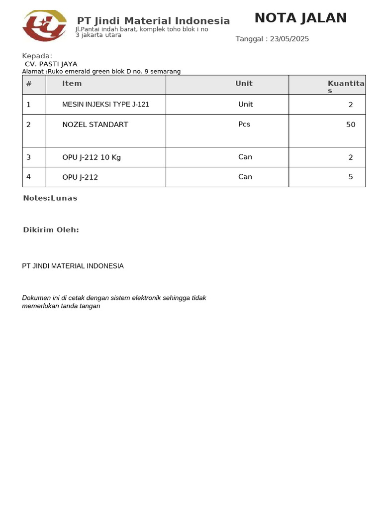 Nota Jalan PT Jindi Material Indonesia | PDF